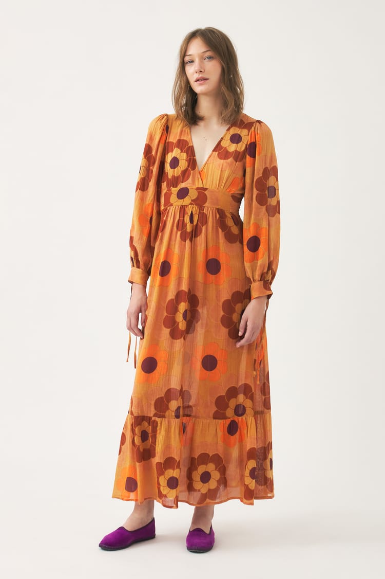 antik batik Robe longue fluide orange en gaze de coton Boutique | Vêtements