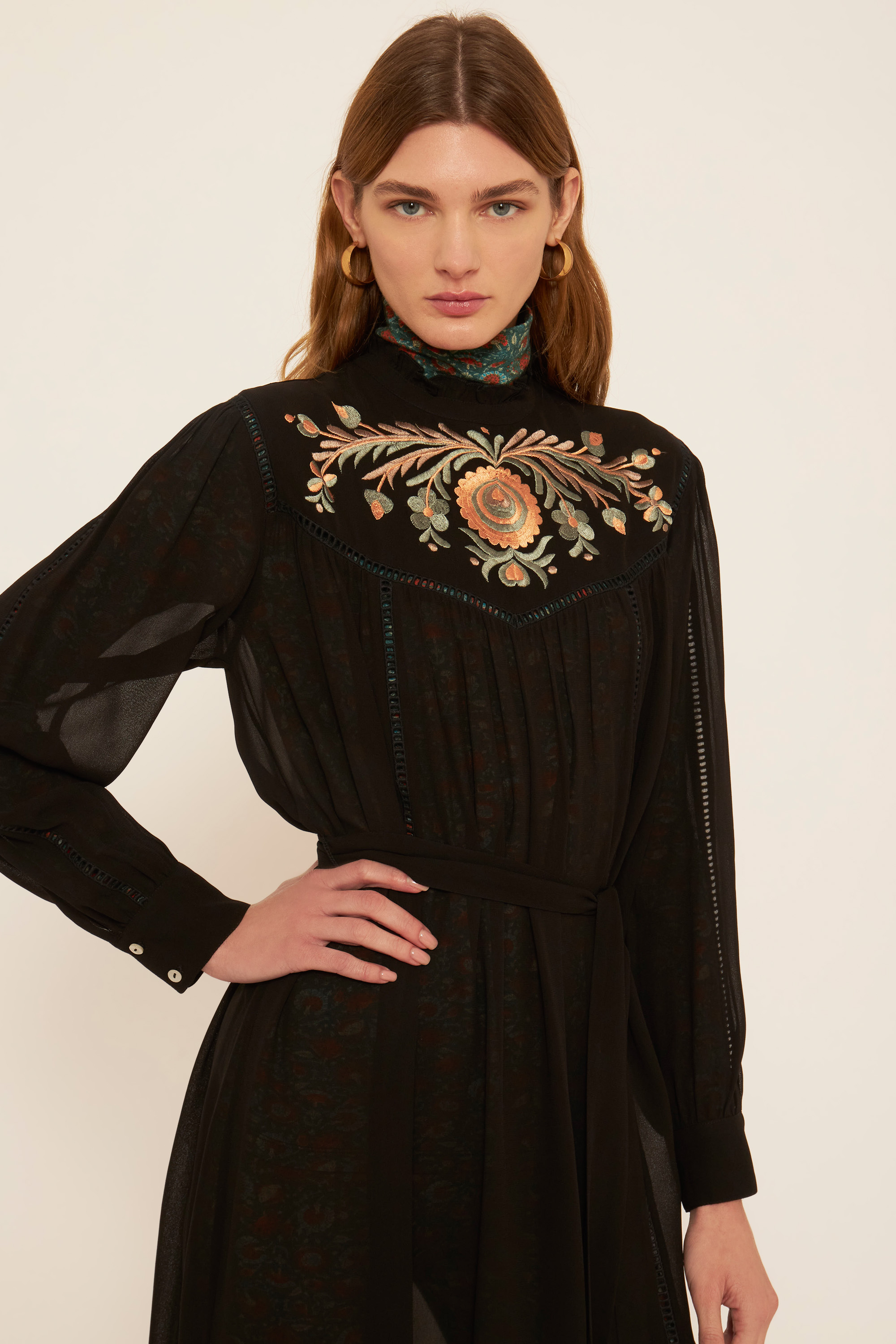 Black Floral Embroidered Maxi Dress Viscose Embroidered Dress Antik